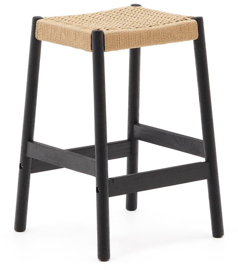 Taboret wysoki do kuchni drewniany czarny z beżowym plecionym ...